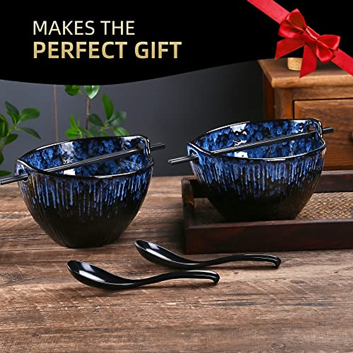 JH JIEMEI HOME Ramen Bowl with Chopsticks and Spoons Set, 7 Inch Ceramic Noodle Bowl Set of 2, Dishwasher Safe for Pho Udon Soba Noodle Salad Pasta, Special Reactive Glazed Navy Bowls Set