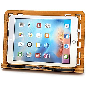 wishacc Bamboo Book Stand Reading Rest Holder Cookbook Cook Stand/Foldable Tablet PC Textbook/Music Document Stand/Desk Bookrest with Retro Hollow Elegant Pattern