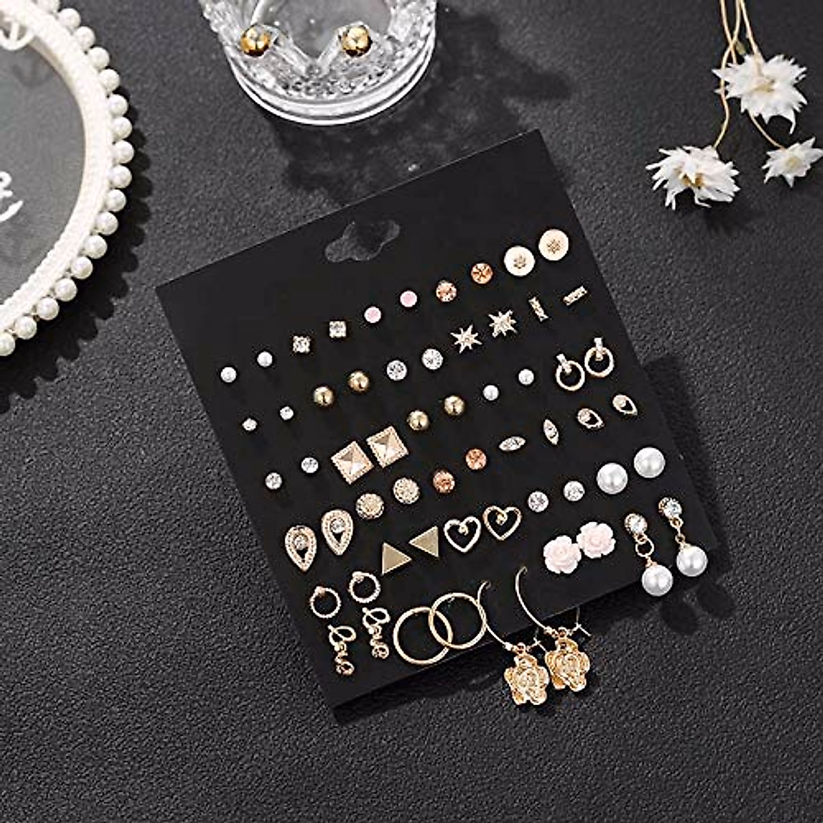 DAZZINO 12-30 Pairs Assorted Multiple Stud Earrings Hoop Set Dangle Cute Hypoallergenic Earrings CZ Bow Butterfly Flower Leaf Ball Simple Drop Earrings Stud for Women Pack