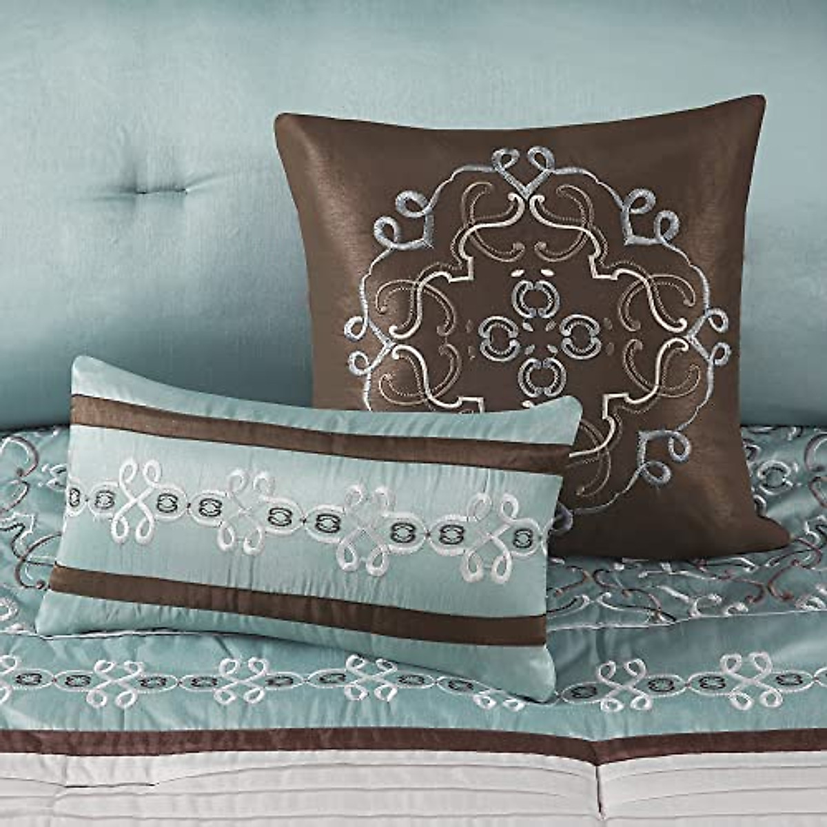 Madison Park Essentials Jelena Room in A Bag Faux Silk Comforter Classic Luxe All Season Down Alternative Bedding, Matching Bedskirt, Curtains, Decorative Pillows, Queen(90"x90"), Seafoam 24 Piece