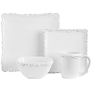American Atelier Square Dinnerware Sets | White Kitchen Plates, Bowls, and Mugs | 16 Piece Bianca Wave Collection | Dishwasher and Microwave Safe | Service for 4