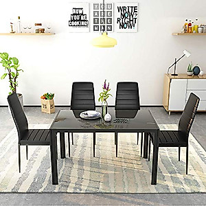 DKLGG 5-Piece Kitchen Table Set for Dining Room, 4 Faux Leather Metal Frame Chairs, Dinette, Compact Space w/Glass Tabletop, 47.25'' L x 27.56'' W x 29.5'' H, Black…