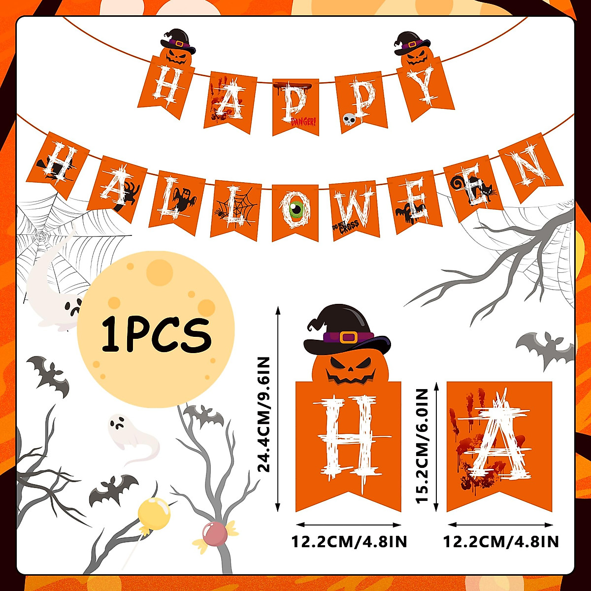 Happy Halloween Birthday Banner, Witch Ghost Pumpkin Claw Theme Party Decorations, Halloween Party Supplies (Orange)