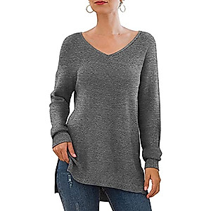 GRECERELLE Women's V-Neck Long Sleeve Side Split Loose Casual Knit Pullover Sweater Blouse Dark Gray-Medium