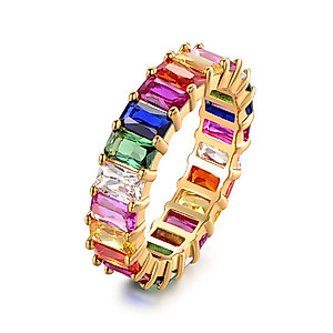 Eternity Rainbow Ring Wedding Band for Women | 18K Gold Plated Emerald-Cut Rainbow Multi Color Created-Gemstone Eternity Ring (Gold, 8)