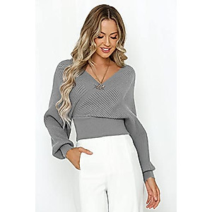 ZAFUL Women's V Neck Crop Knitted Sweater Long Sleeve Drop Shoulder Ribbed Jumper Pullover Solid Tops