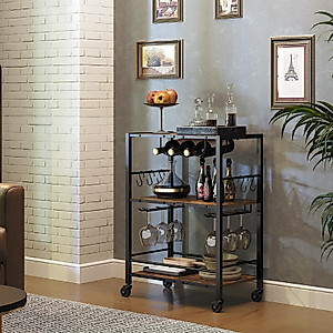 YATINEY Bar Cart, 3-Tier Serving Cart, Kitchen Cart with Wine Rack, 22.4" L x 12.9" W x 32.3" H, Microwave Cart with 6 Hooks, Beverage Cart for Kitchen, Living Room, Rustic Brown and Black BC02BR