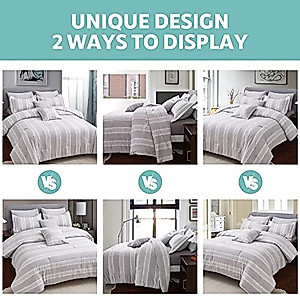 BedsPick King Comforter Set, 96 x 102 Inches King Comforter Set Lightweight All Season Soft Down Alternative Reversible Cationic Dyeing Striped King Comforter Bedding Set With 2 King Size Pillow Shams