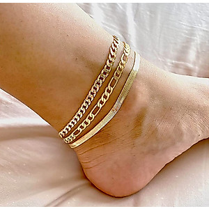 NECOCY Gold Ankle Bracelets for Women,14K Real Gold Plated Anklets Herringbone Figaro Flat Mariner Dainty Layered Anklet Set 3pcs Cute Summer Beach Chain Anklets for Women