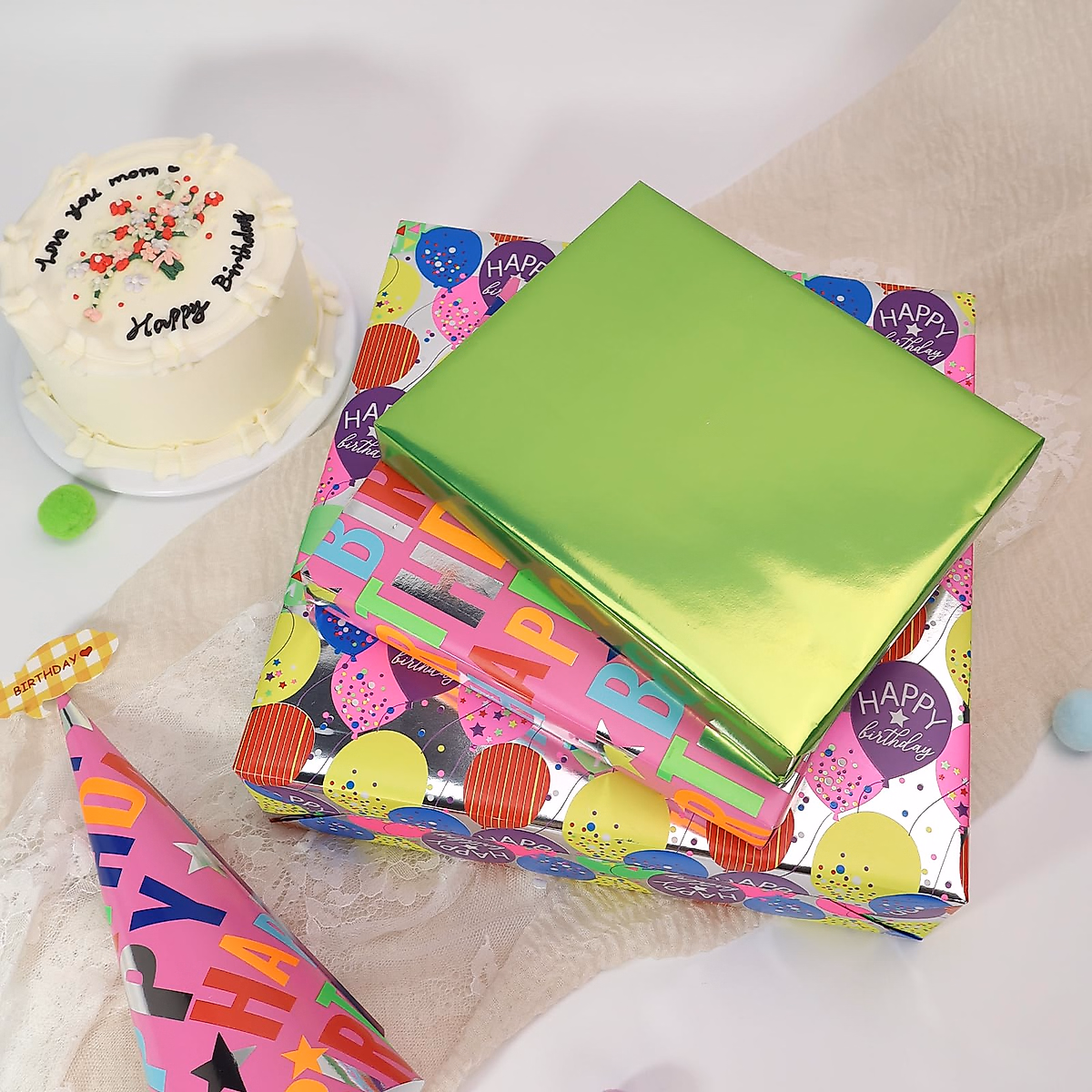 BIOBROWN Birthday Wrapping Paper - 30 Inch X 10 Feet (3 Rolls: 75 sq. ft. ttl.) - Balloons & Neon Green Design Perfect for Birthday, Party, Baby Shower, Christmas, Gift Wrap