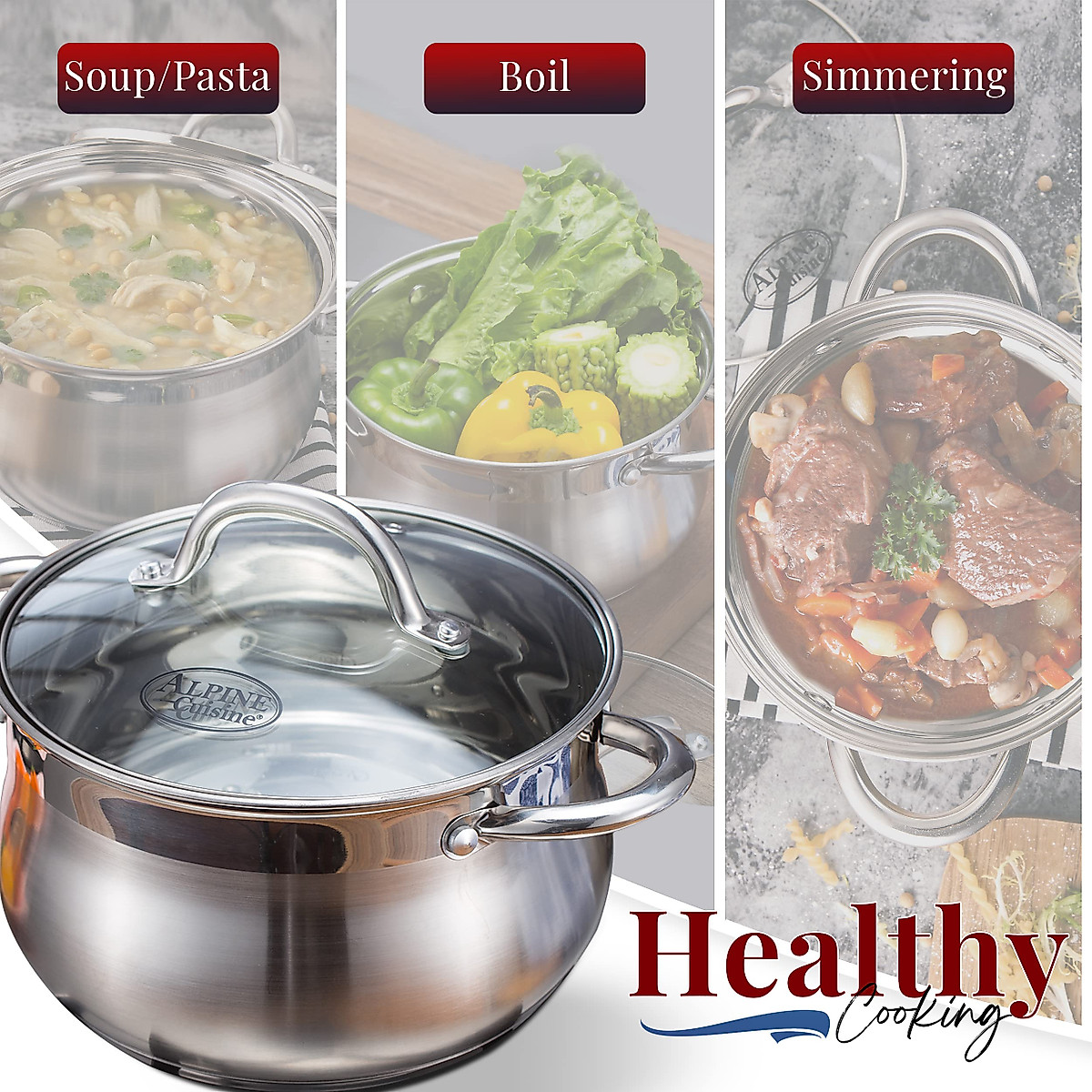 Alpine Cuisine Stainless Steel Dutch Oven Belly Shape 2 Quart - Dutch Oven Pot with Lid, Stove Top Cookware for Cooking, Comfortable Handles, Dishwasher Safe & Easy to Clean