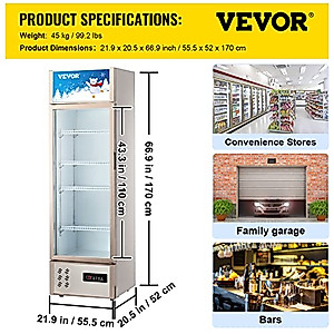 VEVOR Commercial Refrigerator,Display Fridge Upright Beverage Cooler, Glass Door with LED Light for Home, Store, Gym or Office, (8 cu.ft. Single Swing Door)