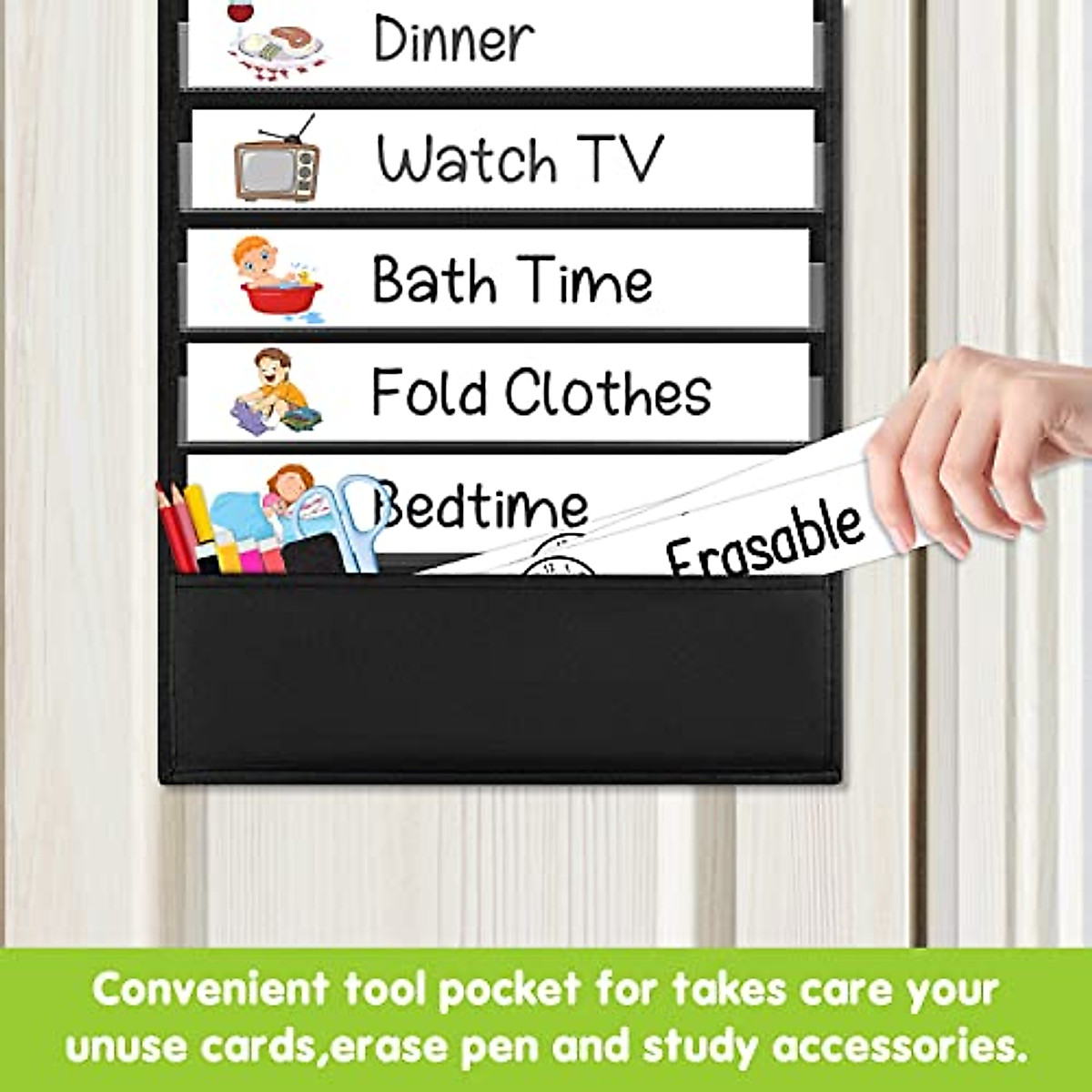 EAMAY Daily Schedule Pocket Charts, Teacher Schedule Chart with Resuable 18 Custom Cards, Classroom Pocket Chart for School Office or Homeschool Activities, Black