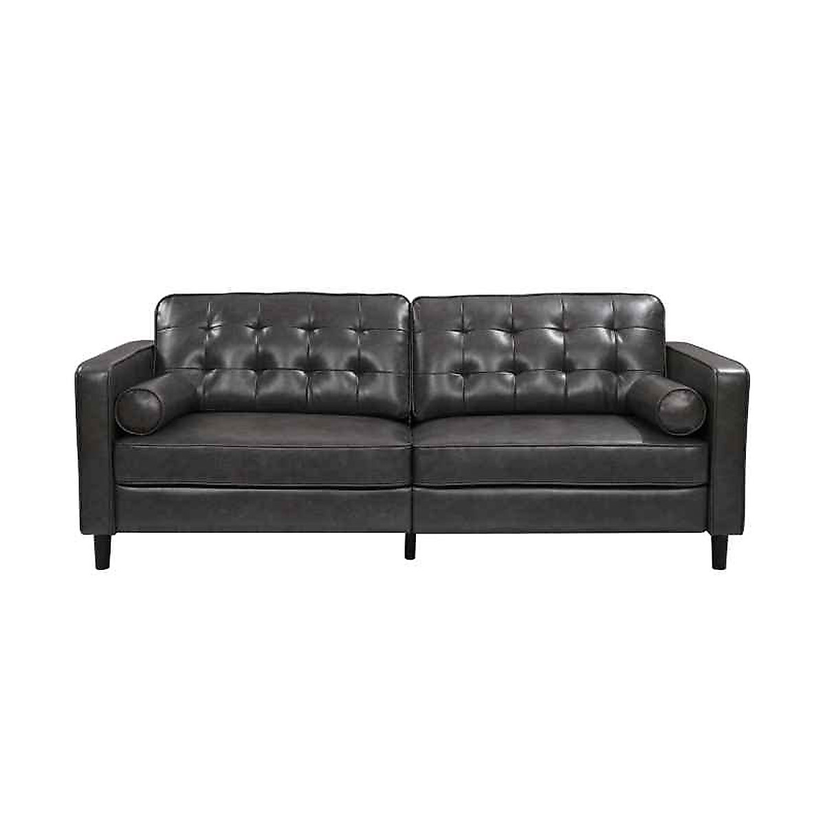 ATY 3-Seater Leather Sofa with Two Bolster Pillows and Tufted Backrest, Mid-Century Modern Couch, Luxury Style for Apartment, Meetingroom, Livingroom, 85inch, Dark Gray