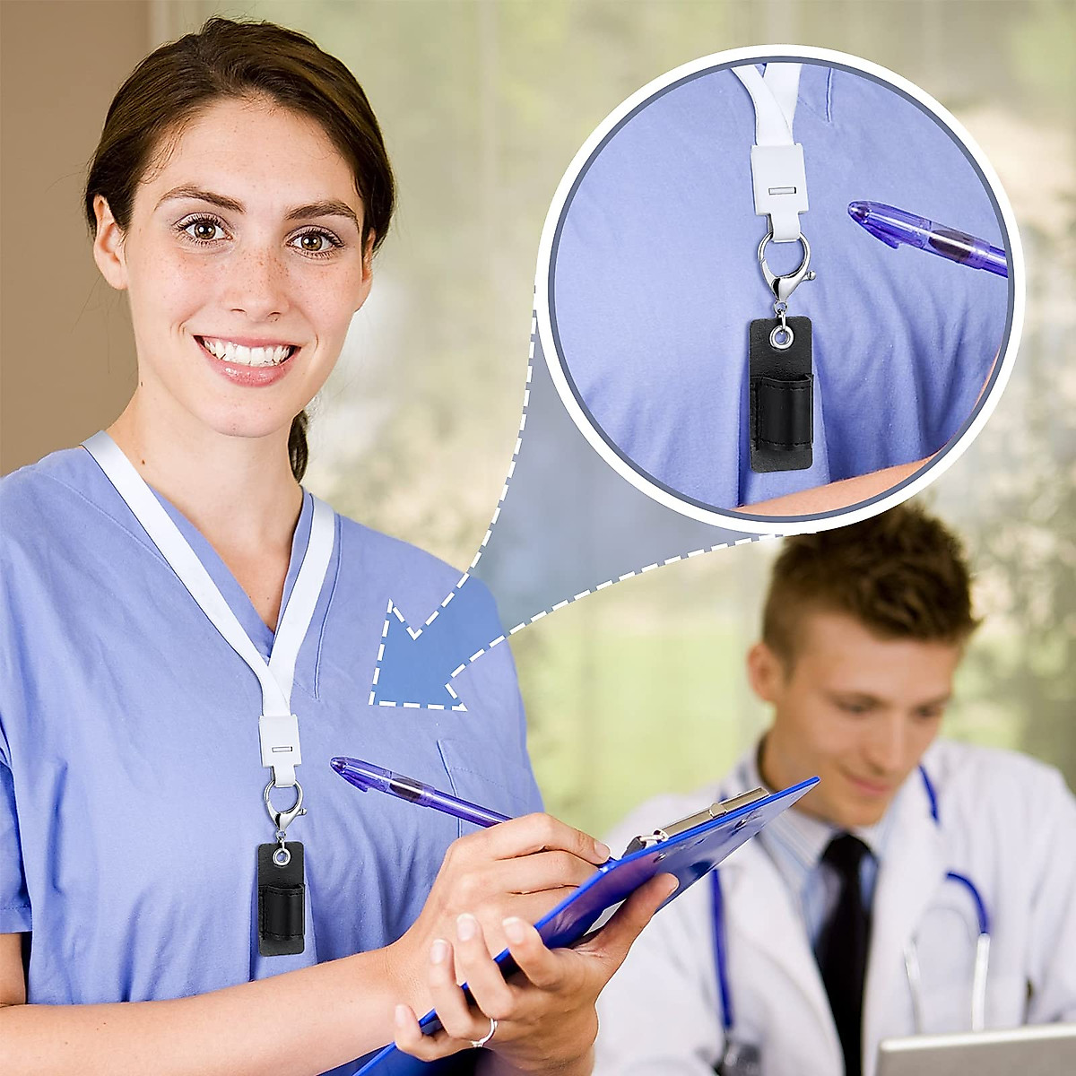 6 Pieces Portable Leather Pen Holder PU Leather Badge Pencil Holder Pocket Protector Pen Pouch Holder Organizer Pen Protector for Badge Holder or Neck Lanyard (Black)