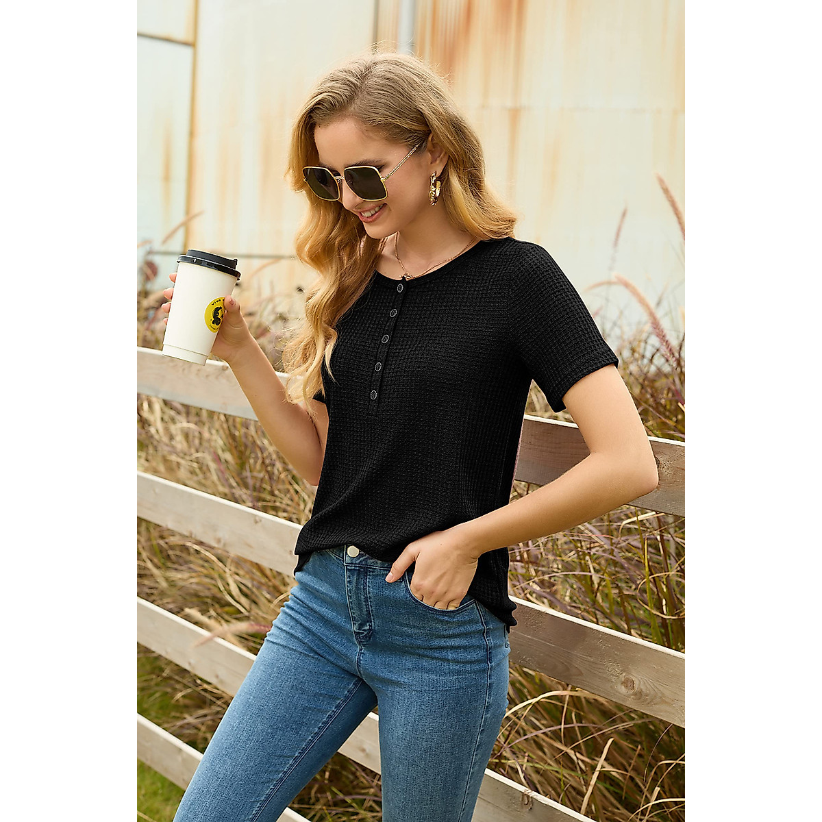 IWOLLENCE Womens Button Down Shirt Short Sleeve Henley Shirt Waffle Knit Tunic V Neck Tops Loose Fit Black Large