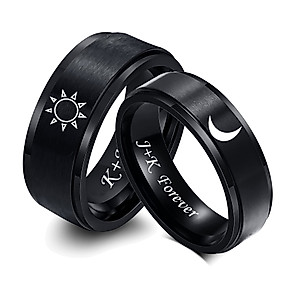 MZZJ Customize Moon Sun Couple Matching Ring Set Titanium Rings 8MM+6MM Brushed Matte Finish Couple Ring Set for Wedding Engagement Step Edges Promise Rings for Him Her for Couples