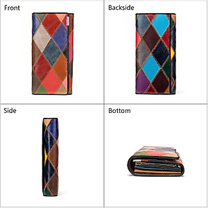 MASIWEI Genuine Leather Folded Wallet for Women Credit Card Holder RFID Blocking Cell Phone Pouch Patchwork Style (Rhombus-1)
