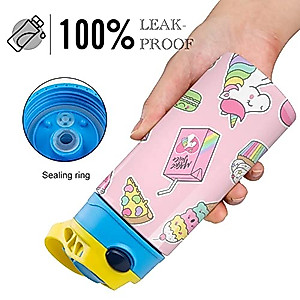 Water Bottle With Straw Pink Unicorns Insulated Stainless Steel Vacuum Cup 500Ml For School 7.5x2.7 in