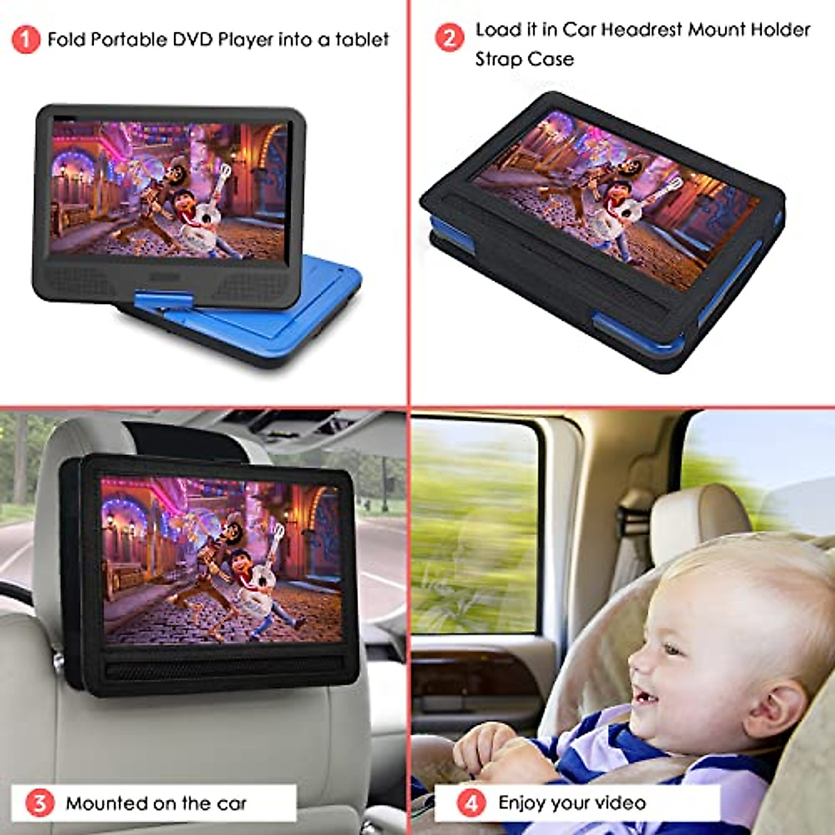 Portable DVD Player Headrest Mount Holder Car Headrest Mount Holder Strap Case for Swivel & Flip Style Portable DVD Player with 9 inch to 9.5 inch Screen (XCZB-9)