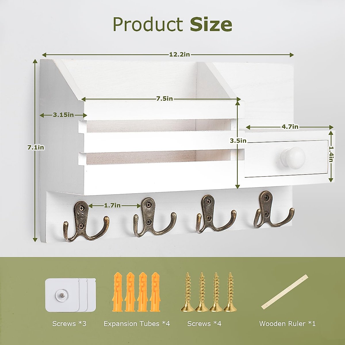 HOMEBROS Key Mail Holder for Wall, White Wooden Key Mail Organizer with Drawer Wall Mount Key Rack with Shelf Key Storage Hanger with 8 Key Hooks for Entryway Hallway 2 Installation Methods