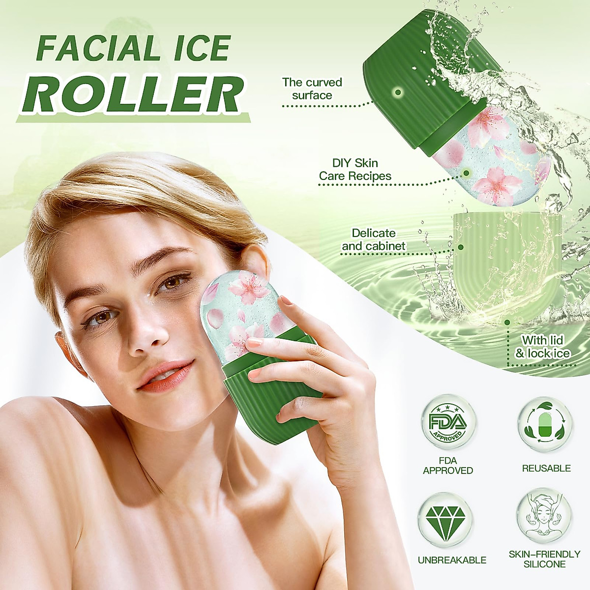 IMEASY Ice Roller for Face and Eye, Ice Face Roller,Facial Beauty Ice Roller Skin Care Tools, Ice Facial Cube, Gua Sha Face Massage, Silicone Ice Mold for Face Beauty (Green)