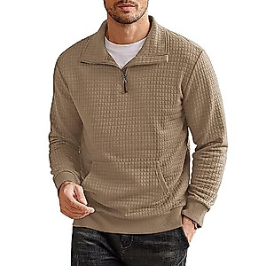 COOFANDY Men 1/4 Collared Sweatshirt Casual Long Sleeve Turtleneck Pullover Zip Up Polo Hoodies Khaki