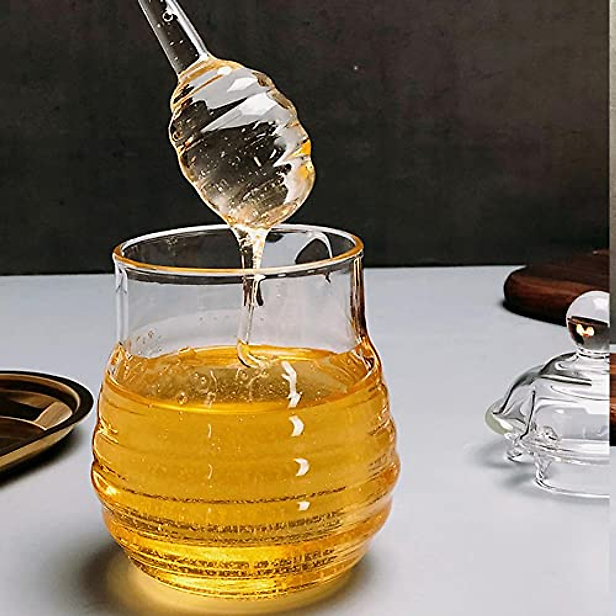 Bee-hive Honey Jar Glass Honeypot, Honey Syrup Dispenser with Dipper and Lid for Home Kitchen