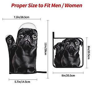Oven Mitts and Pot Holders Set of 4 Cute Black Pug Dog Print Kitchen Oven Glove Fashion Heat Resistant Oven Gloves Set for BBQ Grill Baking Cooking Oven Microwave