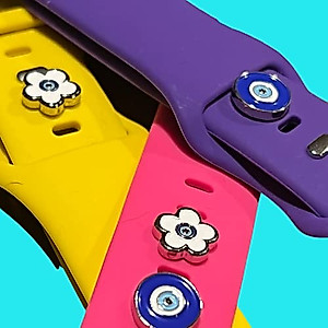 Watch Band Metal Charms Evil Eye and Flower for Smart-Watch Silicon Straps. Set of 2 Pop in some Bling for your wearable devices. Universal Spiritual Symbols of Protection. (Blue White)
