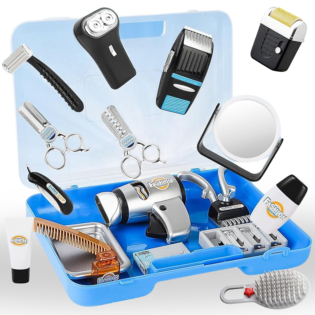 24 Pcs Barber Shop Pretend Play Toy - My First Shaving and Grooming Haircut Kit Toddler Role Play Set with Styling Accessories & Storage Box for Kids, Boys