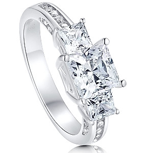 ZLAEBL 2 3/5 Carat (ctw) 3-Stone Princess Cut Moissanite engagement rings for women rings Platinum Plated Silver moissanite rings Name Custom Personalized Free Engraving