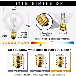 rincentd G40 Replacement Bulbs, 120V 5 Watt Clear Globe Incandescent Light Bulbs fits E12 C7 Candelabra Base, Dimmable String Light Bulbs Replacement for Indoor Outdoor Patio Decor, (25 Pack)