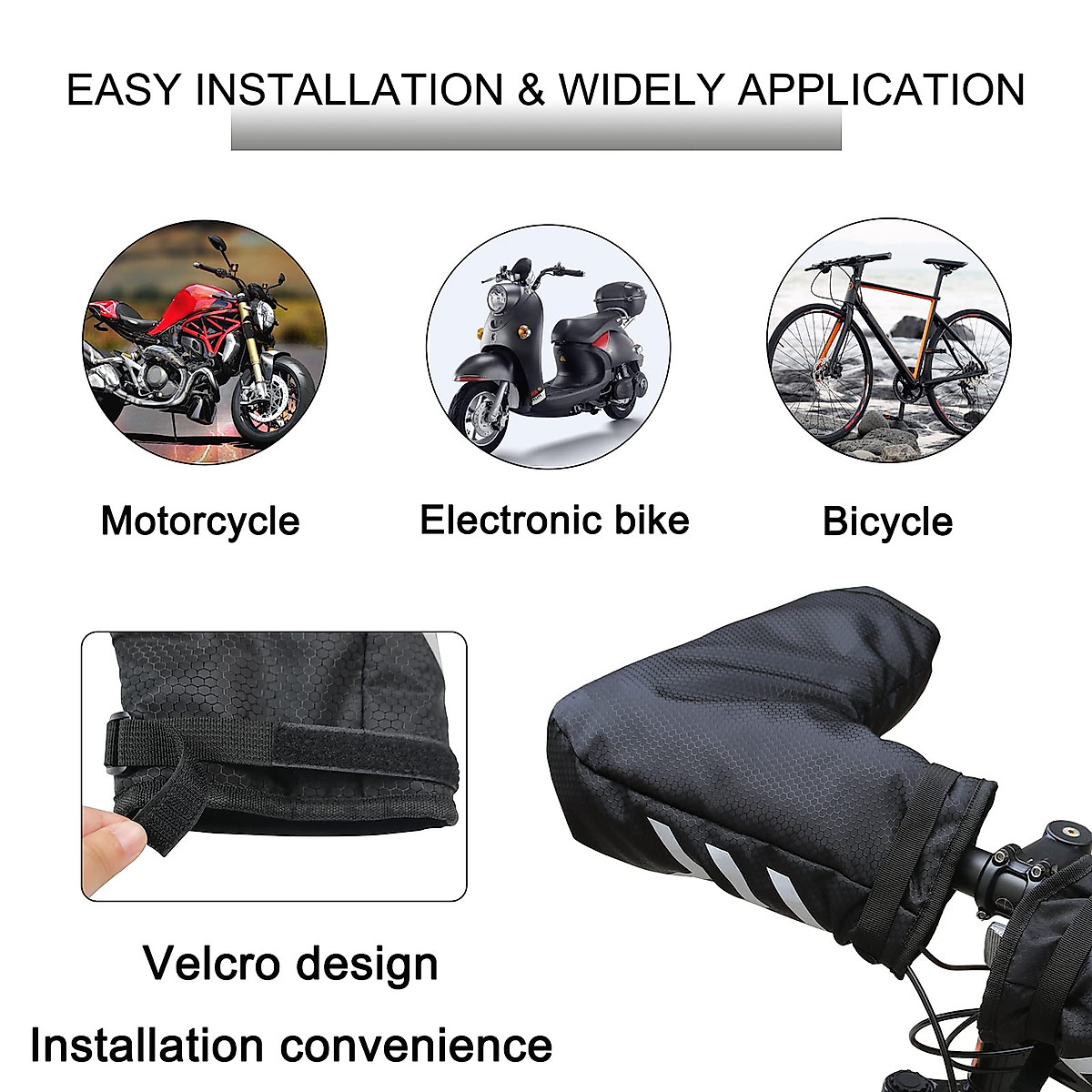 Bike Handlebar Mitts, Waterproof Bicycle Bar Warmer Covers with Fleece Liner,Cold Weather Mountain Gloves Zipper Pocket,Windproof Commuter MTB Motor End Mitts Cycling Gloves, Black, 23.6x8.7x6.3 inch