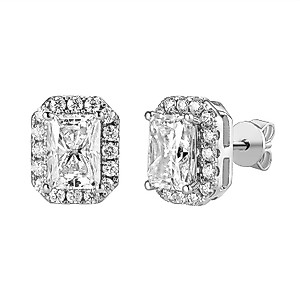 DovEggs Moissanite Stud Earrings for Women Solid 10K White Gold Post 2ct Center 5X7mm GHI Color Elongated Radiant Cut Moissanite Halo Stud Earring Accents Push Back Sterling Silver Earrings