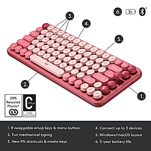 Logitech POP Wireless Mouse and POP Keys Mechanical Keyboard Combo - Customisable Emojis, SilentTouch, Precision/Speed Scroll, Bluetooth, Multi-Device, OS Compatible - Heartbreaker Rose