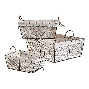 Motifeur Metal Farmhouse Storage Baskets With Removable Liner (Set of 3, White with Floral Pattern) (Short-Set of 3)