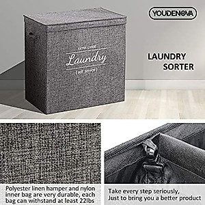YOUDENOVA Double Laundry Hamper with Lid, Divided Dirty Clothes Basket with 2 Removable Liner Bag, Dual Hampers for Laundry Sorter 2 Section, Grey