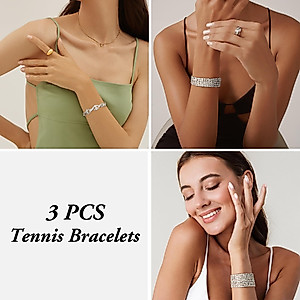 FIBO STEEL 3 PCS Rhinestone Stretch Bracelets for Women Bridal Sparkly Wedding Strand Tennis Bracelet Set Silver-Tone