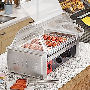 CROSSON Hot Dog 7 Roller Grill Cooker Machine with Transparent Sneeze Guard,7 Nonstick 304SS Rollers and Dual Temp Control,Commercial Hot Dog Cooker Machine-120V, 830W