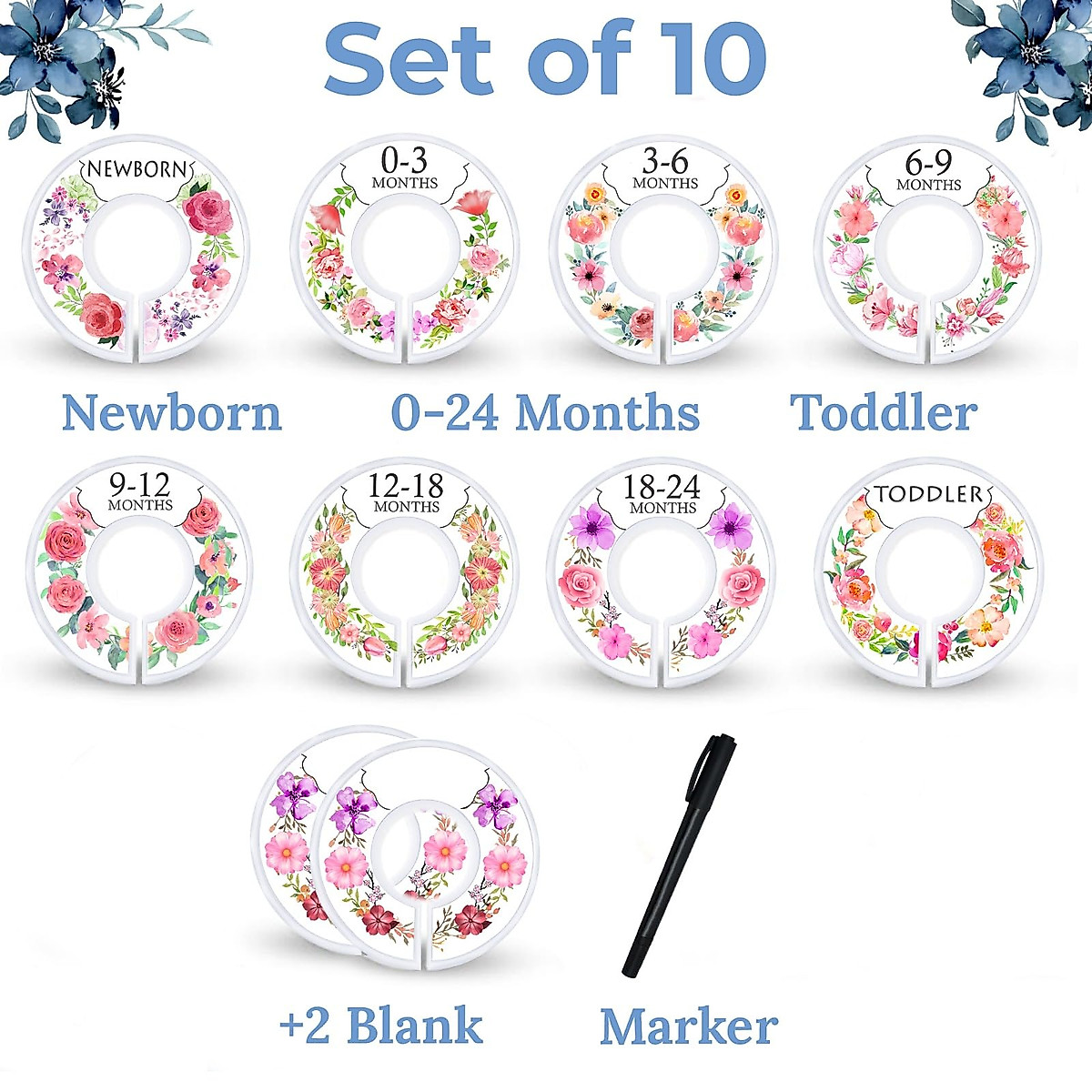 NEUTA 10x (Floral) Baby Closet Dividers with Marker - Double-Sided 0-24 Months - 2 Blank Baby Closet Size Dividers – ABS Plastic Baby Clothes Dividers for Closet - Baby Hanger Dividers…