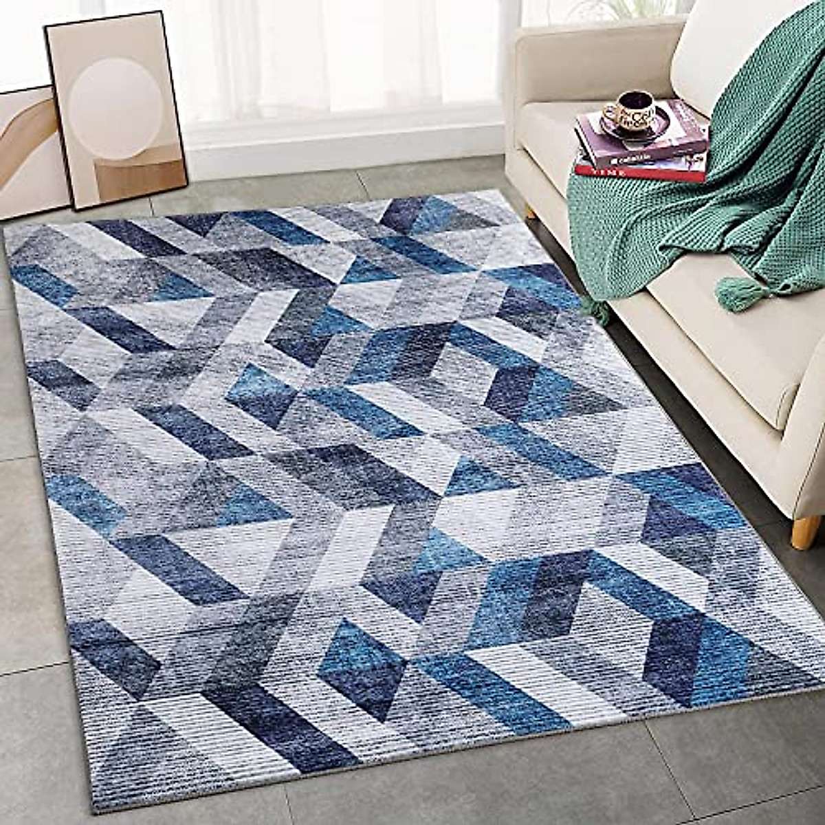 Zacoo Abstract Area Rug, Geometric Diamond Lattice Rug Moroccan Modern Area Rug Bedroom Rug Low Pile Small Throw Carpet for Living Room Dining Room Nursery, Navy/Grey, 4 x 6 Feet