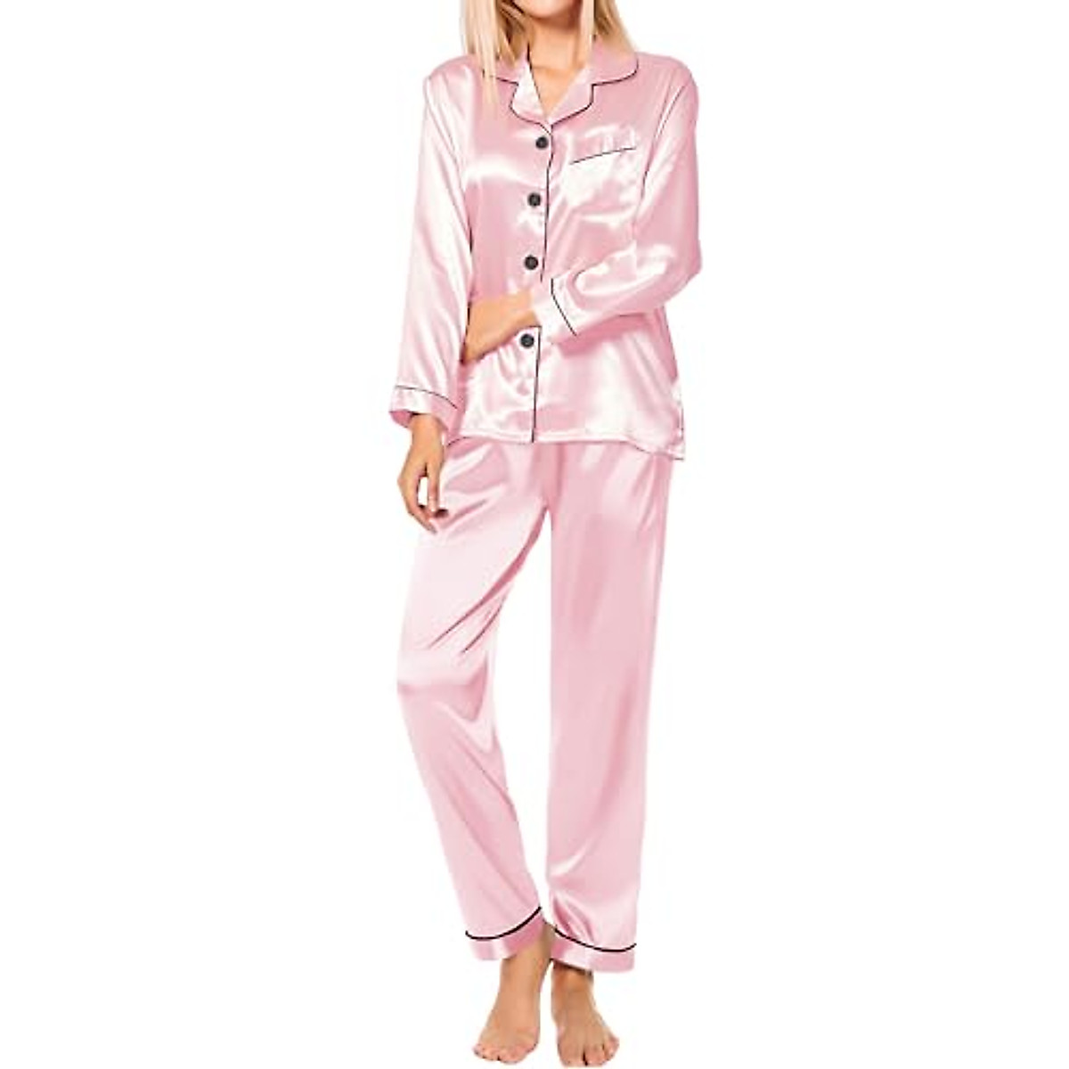 LecGee Couples Matching Pajamas Set Button Down Sleepwear Long Sleeve Loungewear Silky Satin 2 Piece Pjs Men/Women Pink Large