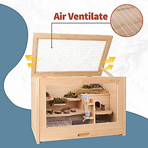 Wooden Hamster Cage and Hideout (23.6" L x 15.7" W x 15.7" H) for Small Animal, Syrian Hamster, Guinea Pig, Gerbil, 2-Tiers with Shelf and Ladder, Waterproof Pull-Out Tray, Natural Wood