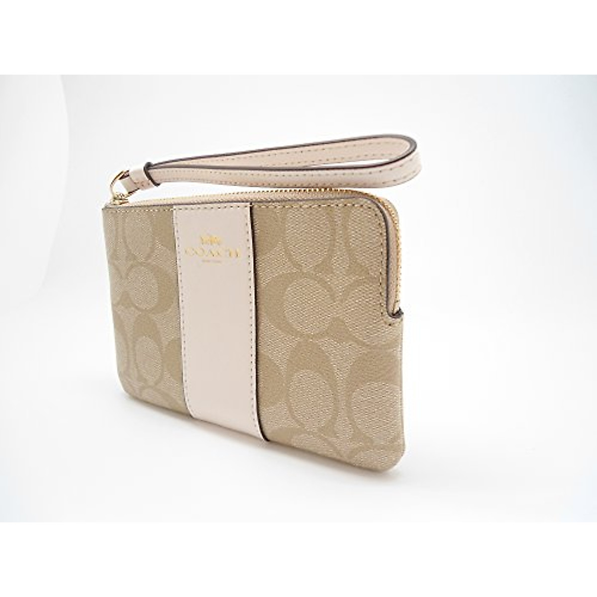 Coach Signature PVC Leather Corner Zip Wristlet, Light Khaki, Chalk