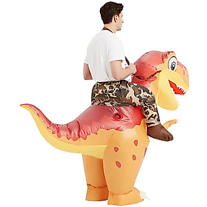 COMIN Inflatable Dinosaur Costume for Adults Inflatable Ride on Costume Blow Up Trex Costume Dino Inflatable Orange Costume for Halloween Party