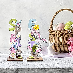 Easter Tabletop Decoration Signs, Easter Table Centerpieces Wooden Bunny Gnomes Decorations Family Signs for Spring Holiday Easter (2PCS)