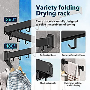 ADUUNKA Clothes Drying Rack Wall Mounted, Wall Mount Laundry Drying Rack, Drying Rack Clothing, Laundry Rack Retractable, Foldable Clothes Hanger Rack, Laundry Hanging Rack, Black Color（J-Hooks