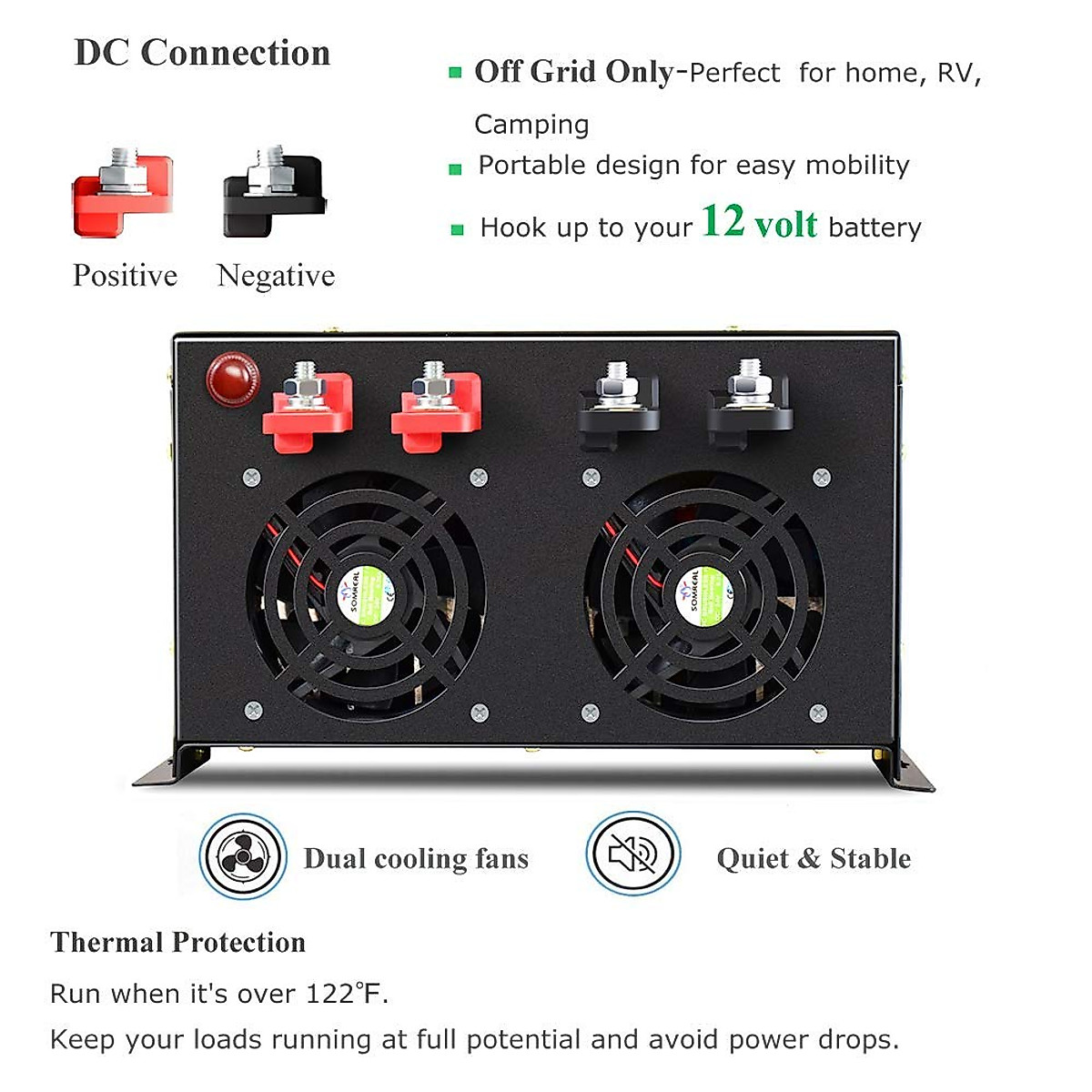WZRELB Pure Sine Wave 6000W (10000W Surge) 12VDC 120VAC Power Inverter - Solar, RV (RBP-600012S)