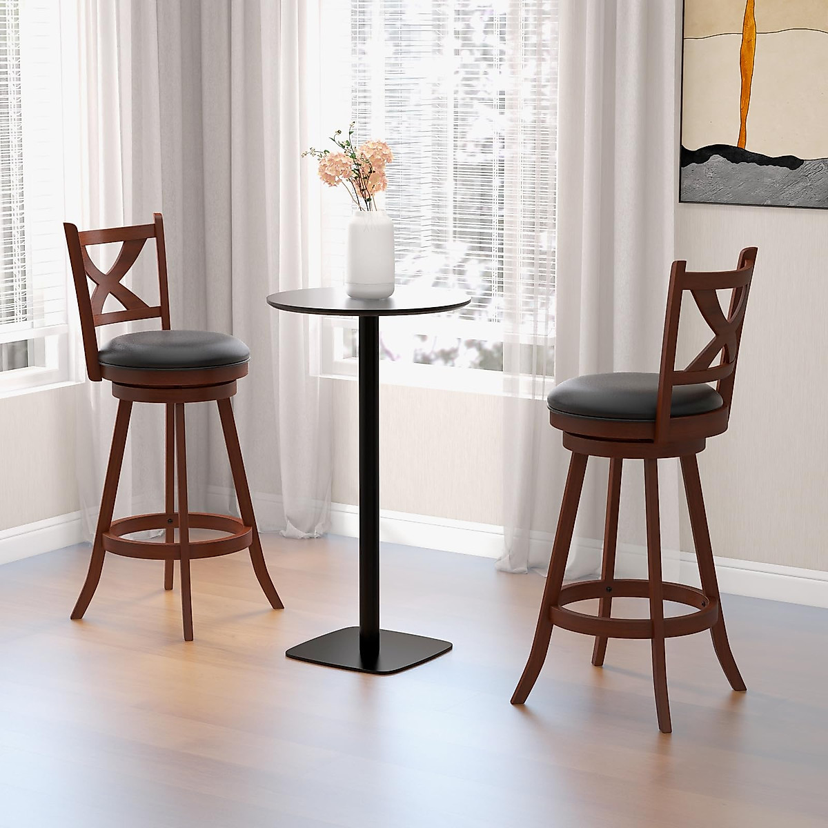 Giantex 30” Bar Stools Set of 2, 360° Swivel Counter Height Stools with Back, Solid Rubber Wood Frame, Leather Padded Seat, Vintage Upholstered Armless Farmhouse Barstools for Kitchen Island Home Bar